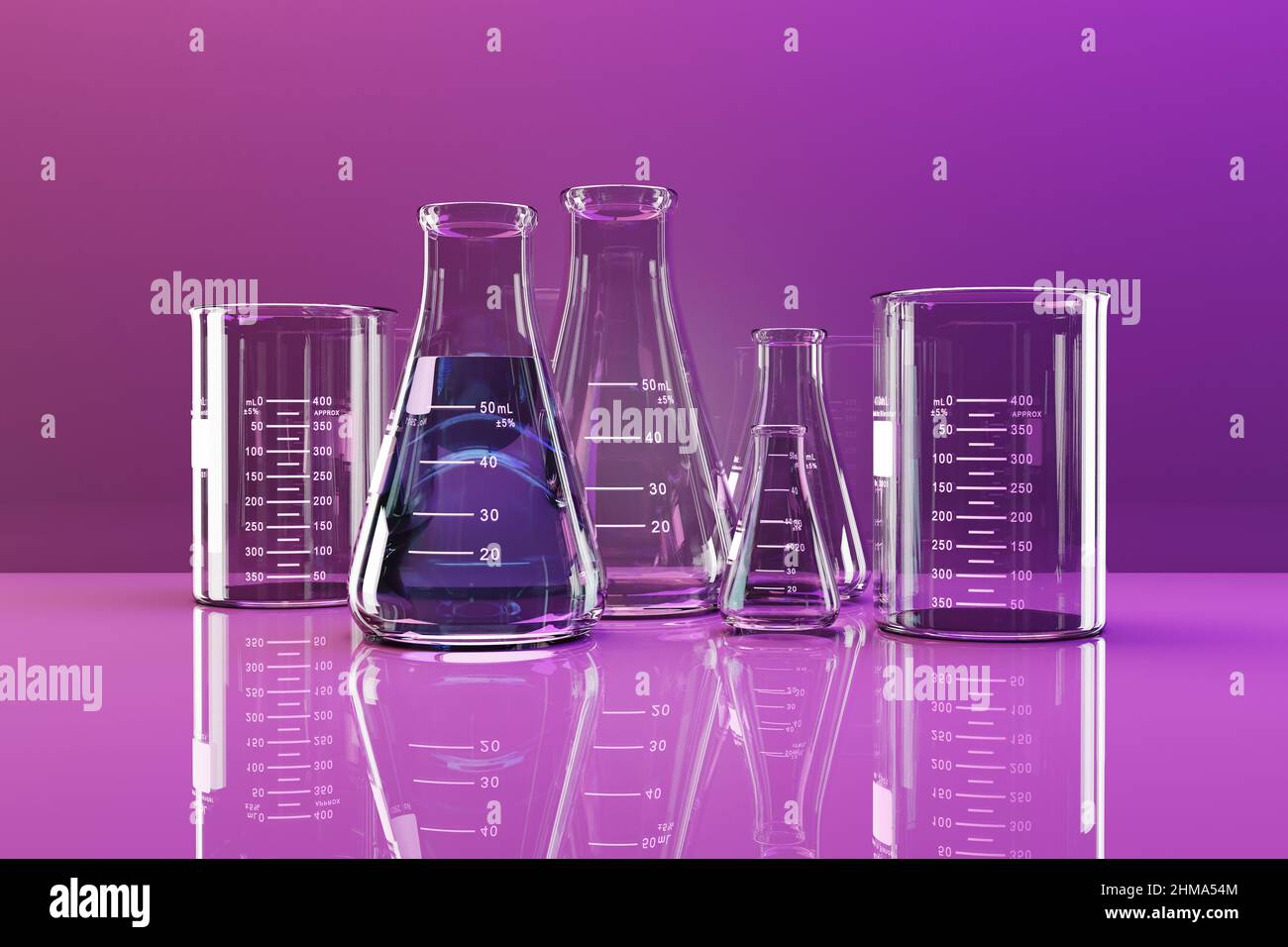 laboratory glassware with purple liquid, cgi render Stock Photo - Alamy