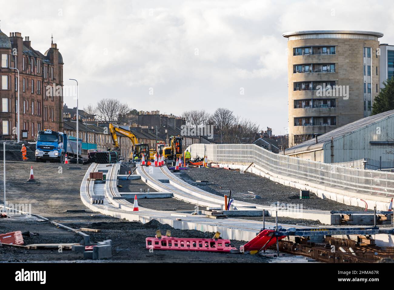 Leith, Edinburgh, Scotland, United Kingdom, 8th February 2022. Trams to Newhaven construction ...