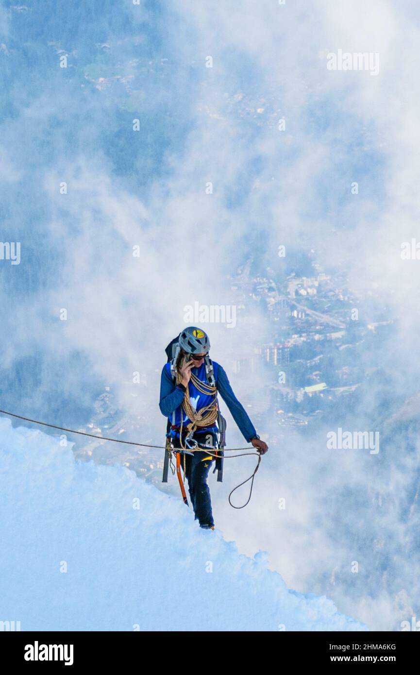 Climbing to the Aiguille du Midi viewing platform above Chamonix ...