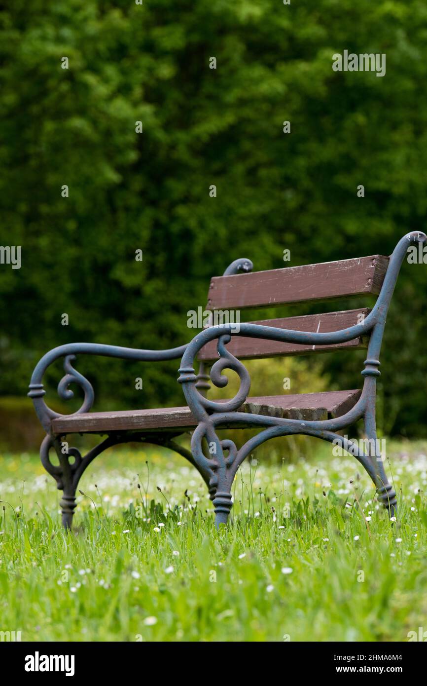 Romantic park bench in a meadow Stock Photo - Alamy