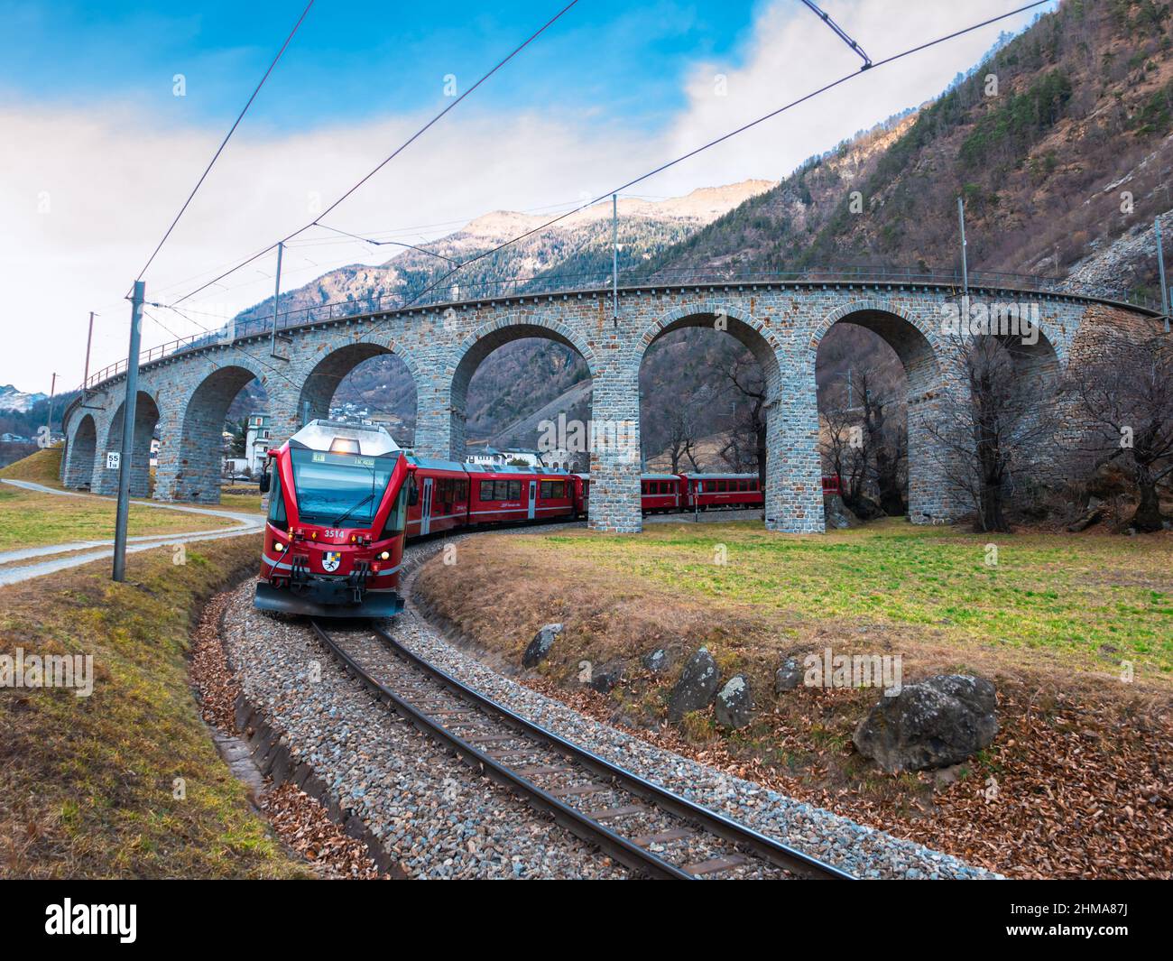 Brusio, Switzerland - February 3, 2022: Rhaetian Railway in the Albula ...