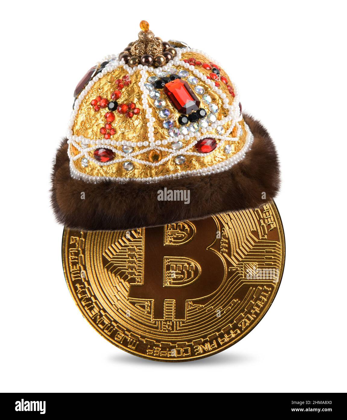 Shiny physical bitcoins in crown isolated on white background ...