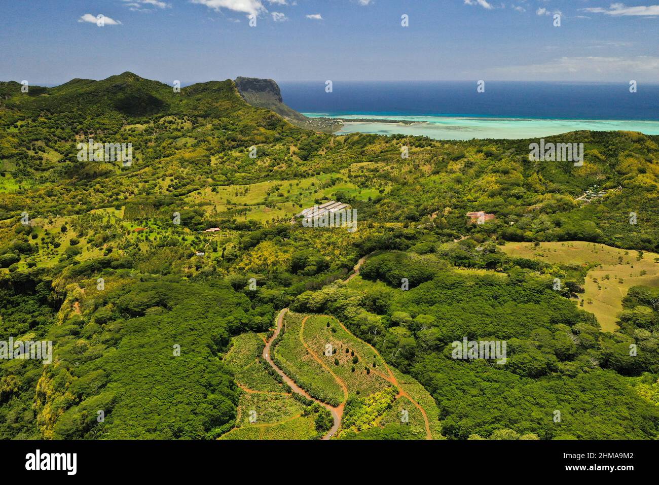 Bird's-eye view of the mountains and fields of the island of Mauritius ...