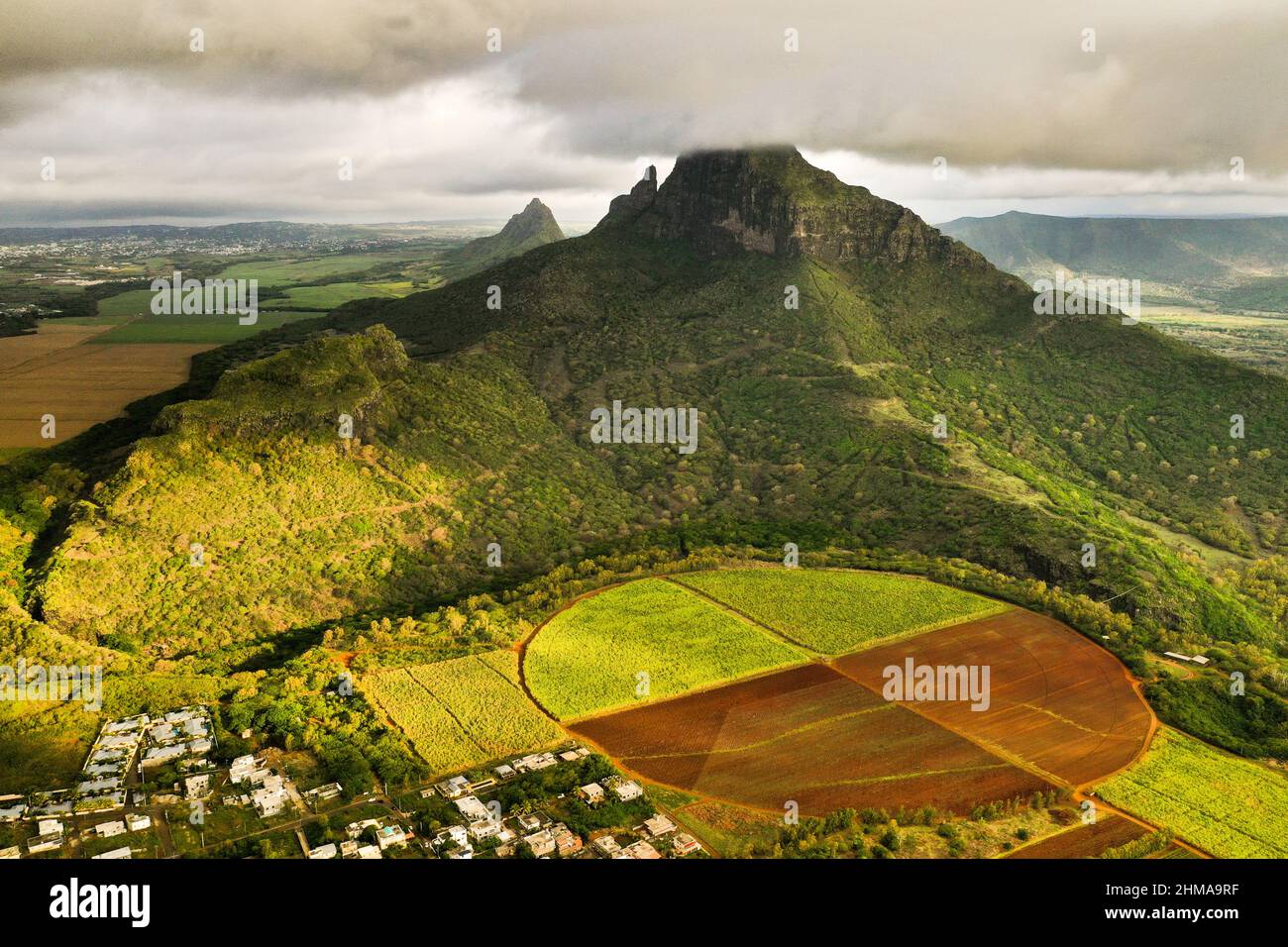 Bird's eye view of beautiful fields Islands of Mauritius and mountains ...