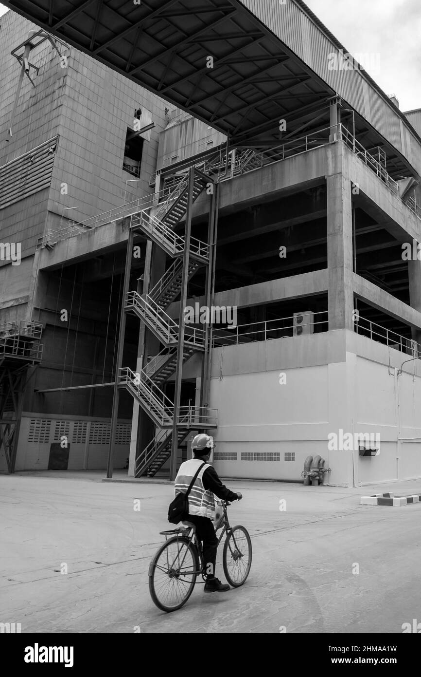 Miner's cycling bicycle in a coal mining during working overtime ...