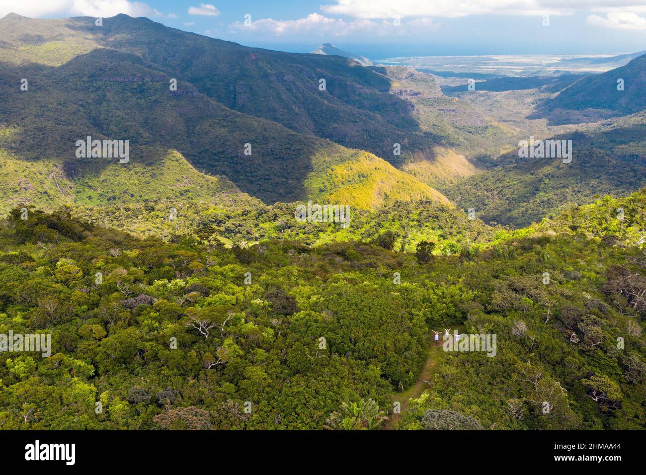 Bird's-eye view of the mountains and fields of the island of Mauritius ...