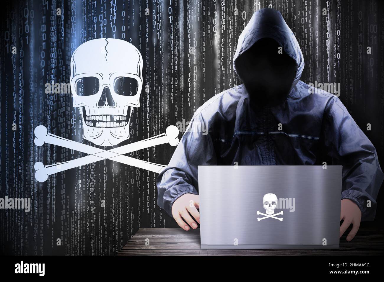 Anonymous hooded hacker, pirate skulls, binary code - cyber attack concept Stock Photo - Alamy