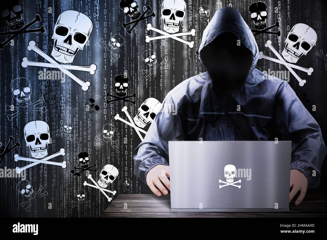 Anonymous hooded hacker, pirate skulls, binary code - cyber attack concept Stock Photo - Alamy