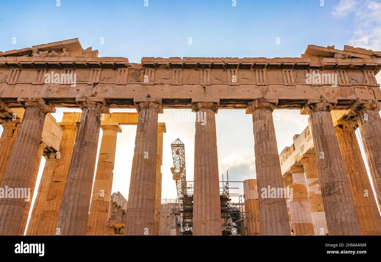 Acropolis of Athens with amazing and beautiful ruins Parthenon and blue ...