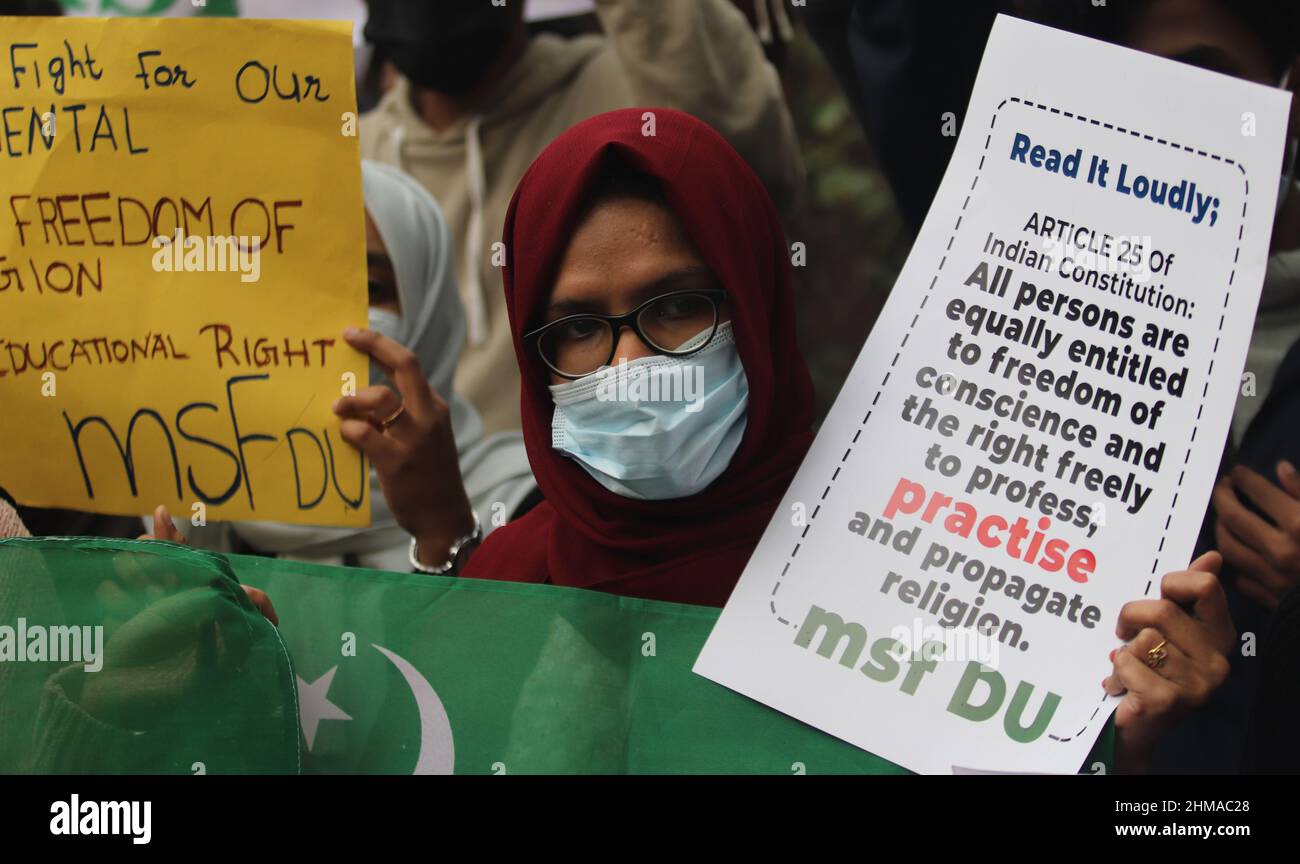 New Delhi, India. 08th Feb, 2022. An Indian Muslim student activist ...