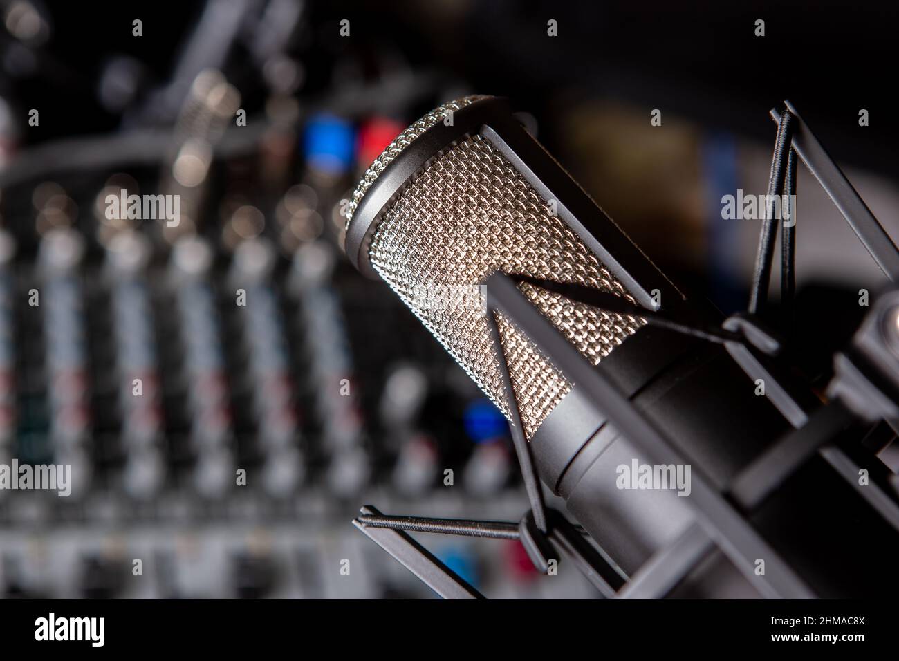 sound mixer and faders with condenser microphone DJ disco Stock Photo ...