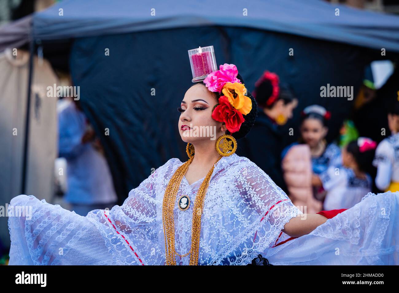 adult folklorico dancer with candle on head in san antonio Stock Photo ...