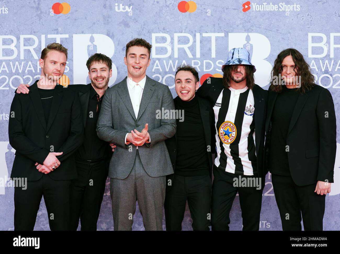 Sam Fender (centre-left) attending the Brit Awards 2022 at the O2 Arena ...