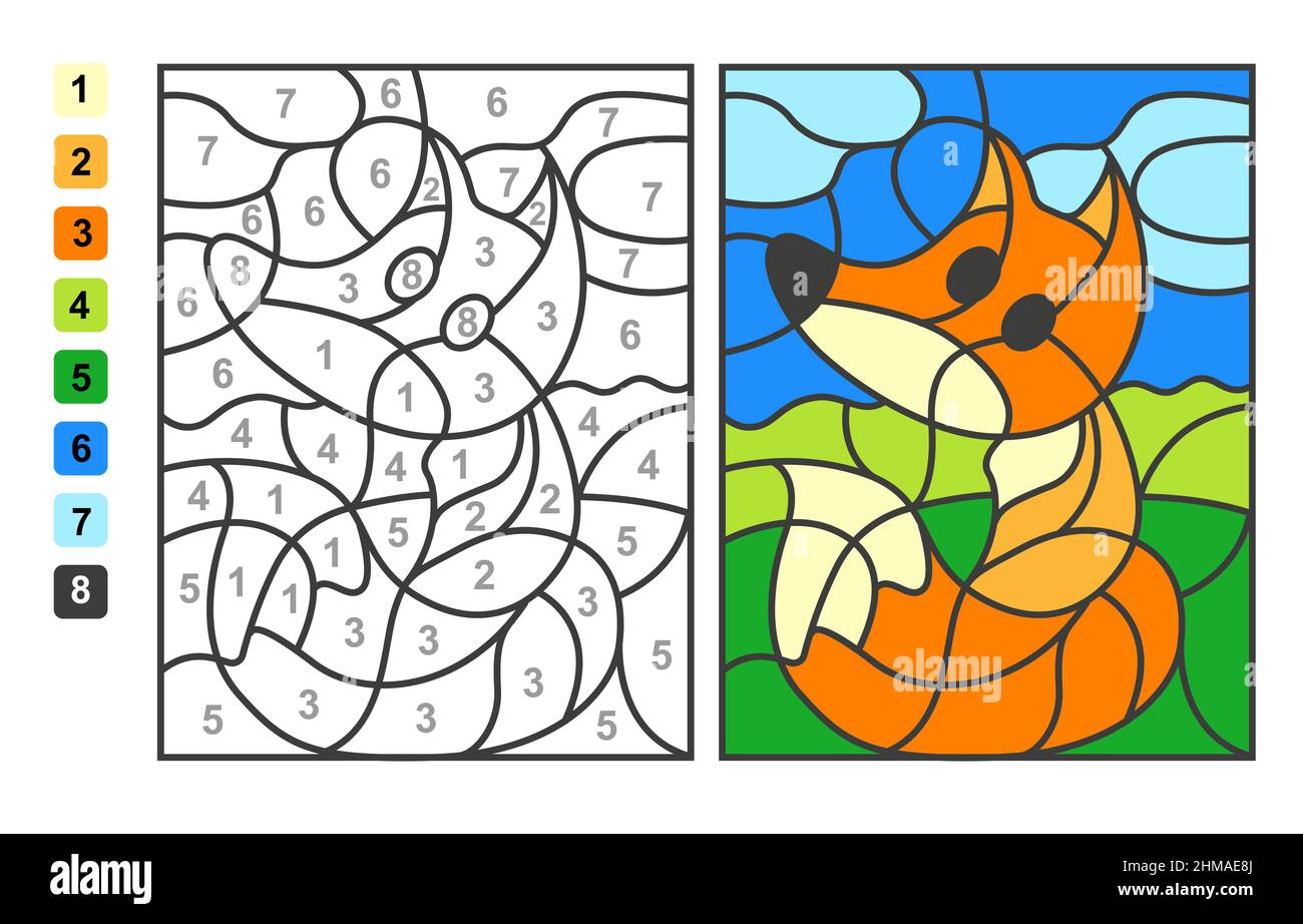 Simple vector coloring wild wild animal fox, color by numbers. Puzzle ...