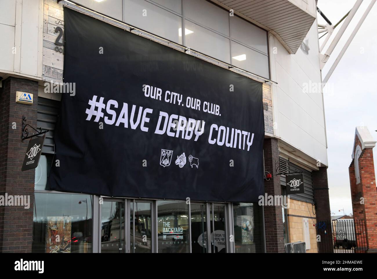 Save Derby County flag outside the Pride Park stadium Stock Photo - Alamy