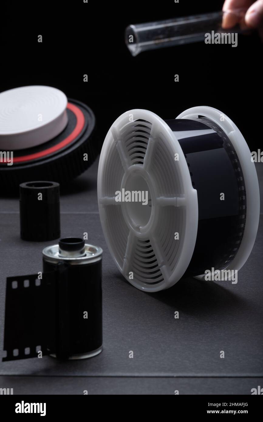 Helsinki / Finland - FEBRUARY 8, 2022: Closeup of 35mm film developing ...