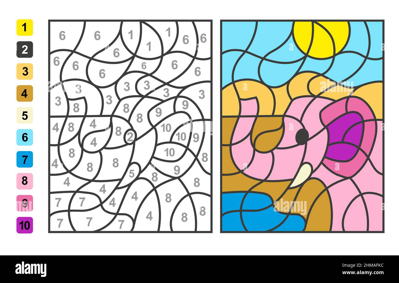 Simple vector coloring zoo animal elephant, color by numbers. Puzzle ...