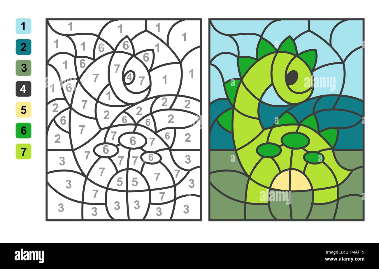 Simple vector coloring animal dinosaur, color by numbers. Puzzle game ...
