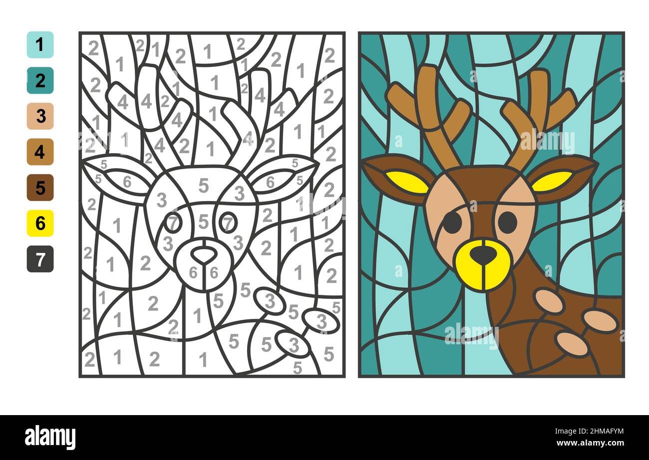 Simple vector coloring wild animal deer, color by numbers. Puzzle game ...