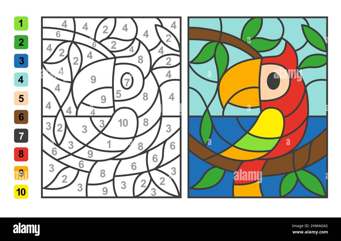 Simple vector coloring zoo animal parrot bird, color by numbers. Puzzle ...