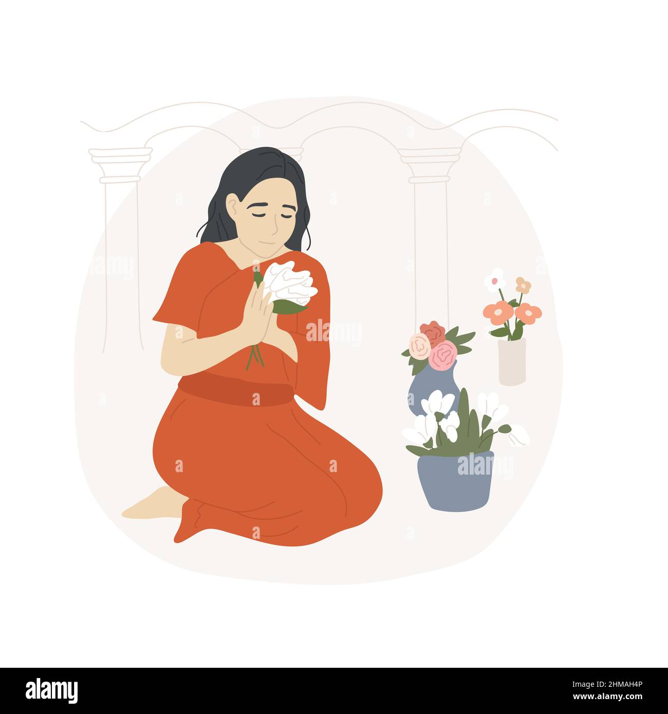 Visiting a temple abstract concept vector illustration. Young Buddhist ...