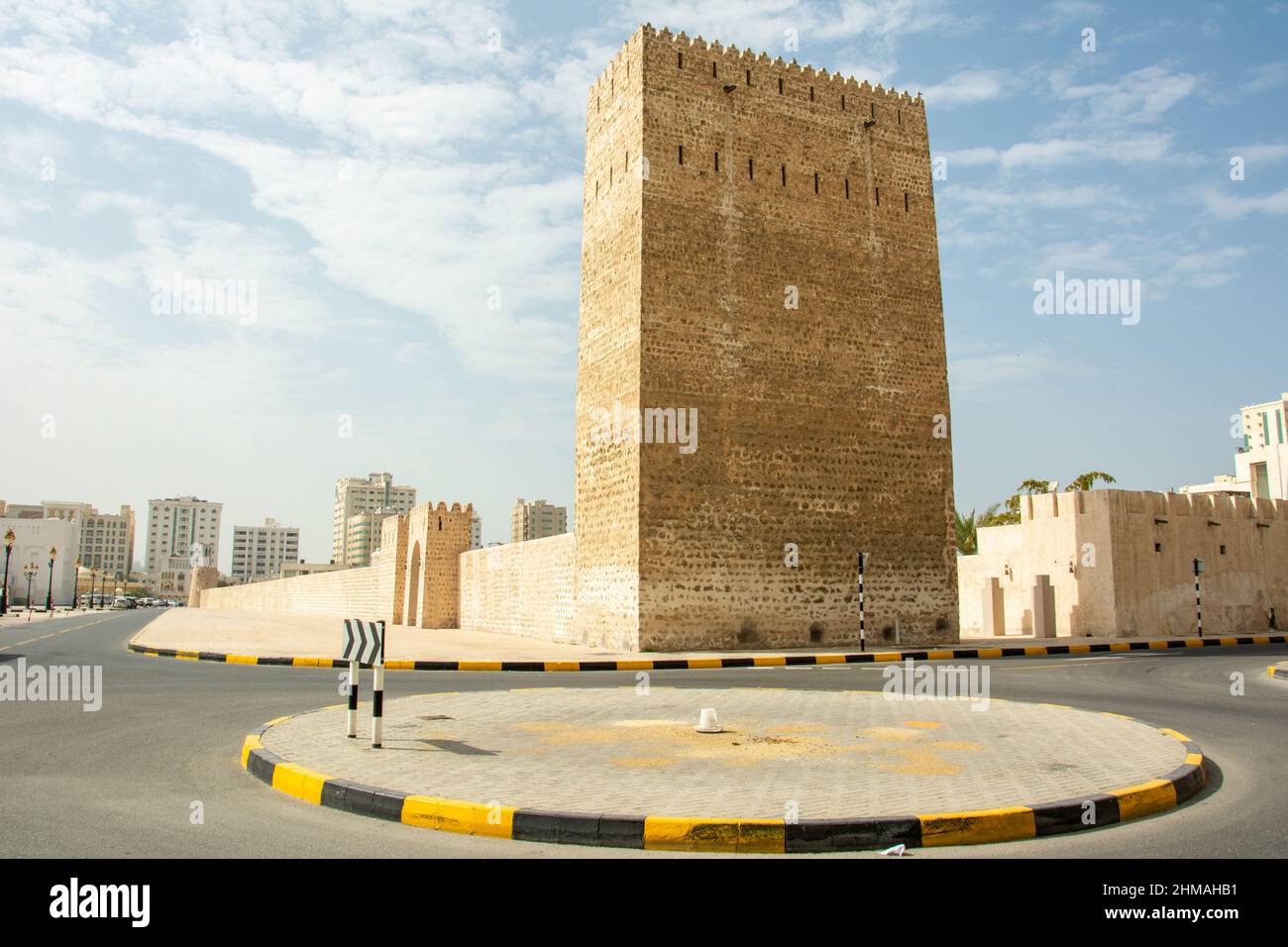 The medieval city walls of the Sharjah's historical Old Town in the ...