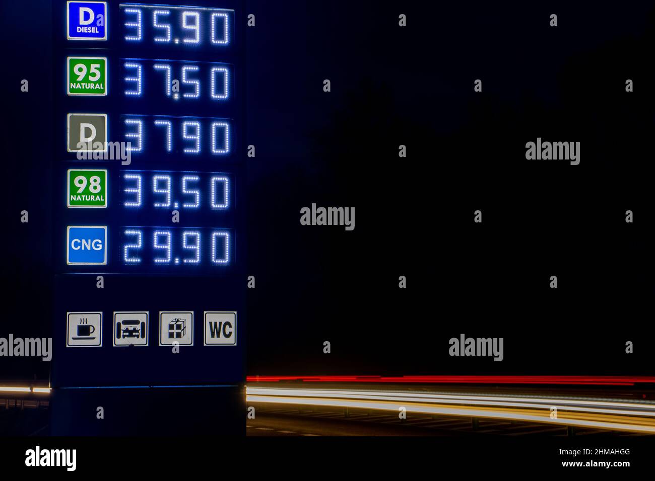 Tower sign - totem with prices of fuel in a petrol station close road ...