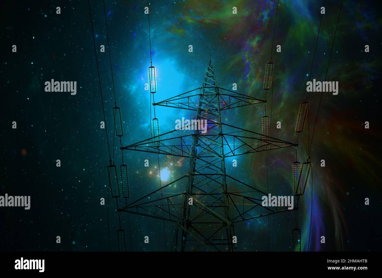 power transmission line and galaxies over galaxy in the deep sky Stock ...