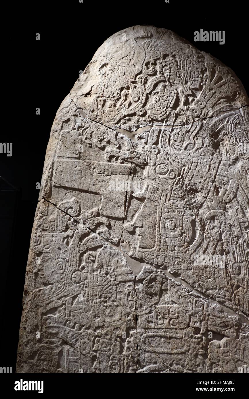 Stone carved Caracol stela 5 showing a Maya ruling king from Caracol ...