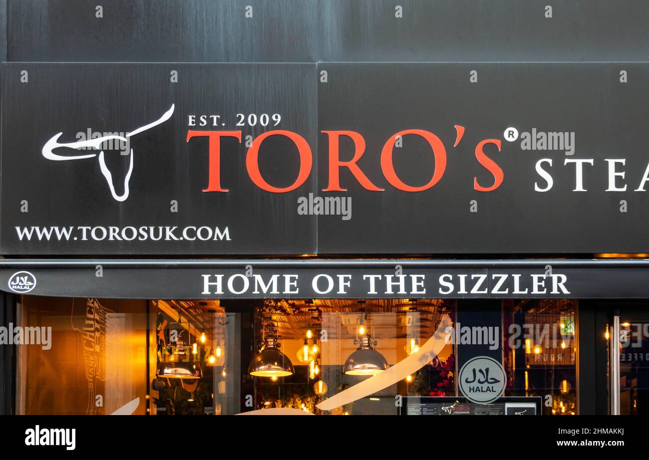 Sign over entrance to Toro's steak house on Bold. Street in Liverpool ...