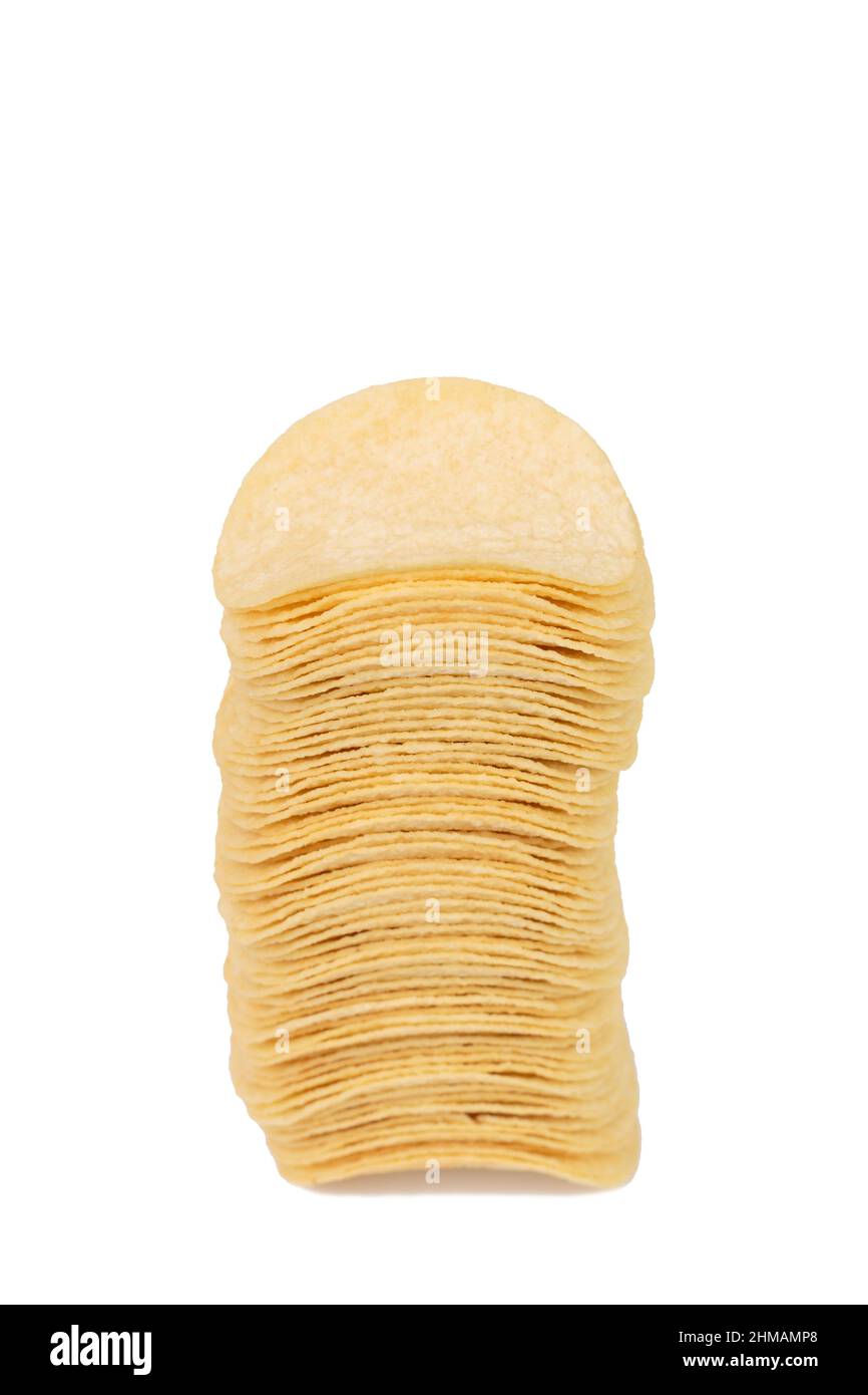 A stack of potato chips. Isolated over white background. Close-up Stock ...