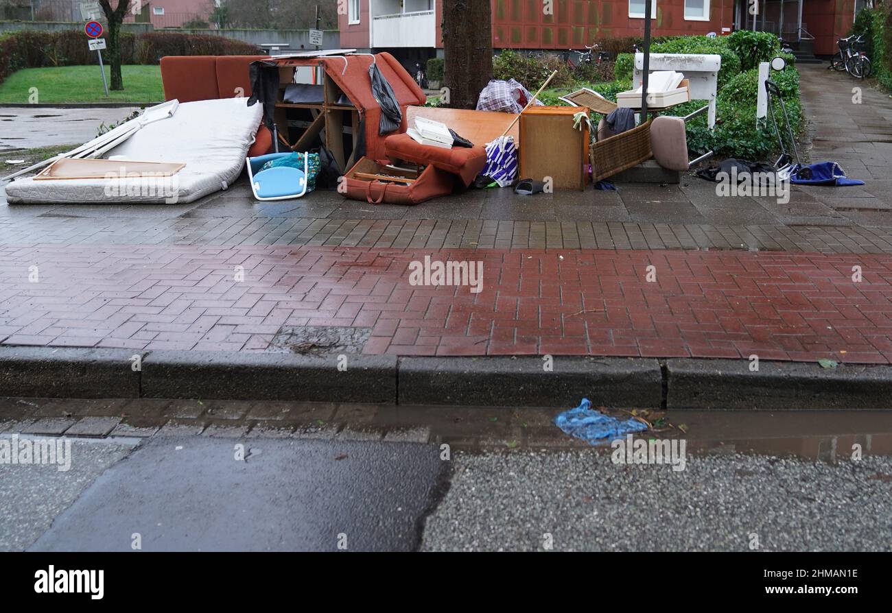 Pinneberg, Germany. 08th Feb, 2022. Bulky waste is lying on a sidewalk ...