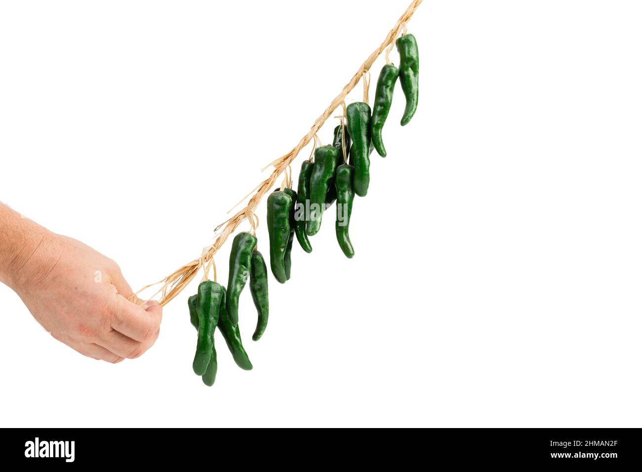 Artificial pepper is suspended on a jute rope. Isolated over white ...