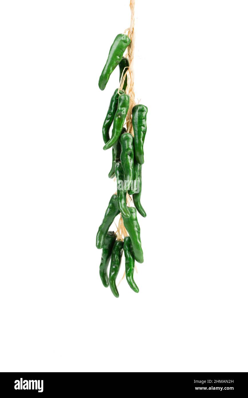 Artificial pepper is suspended on a jute rope. Isolated over white ...