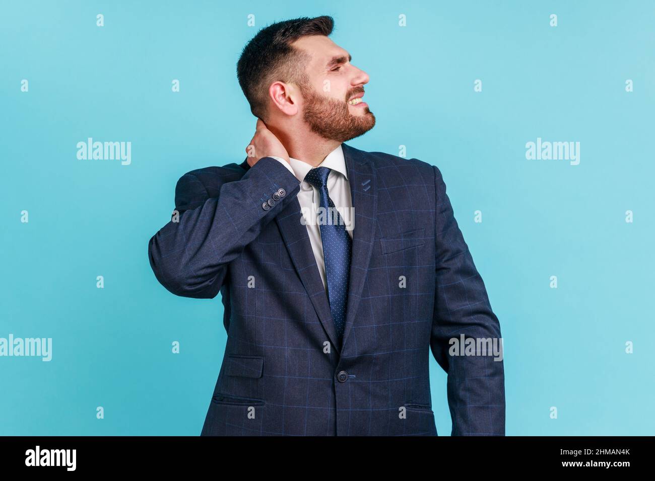 Portrait of worried anxious bearded man wearing official style suit ...