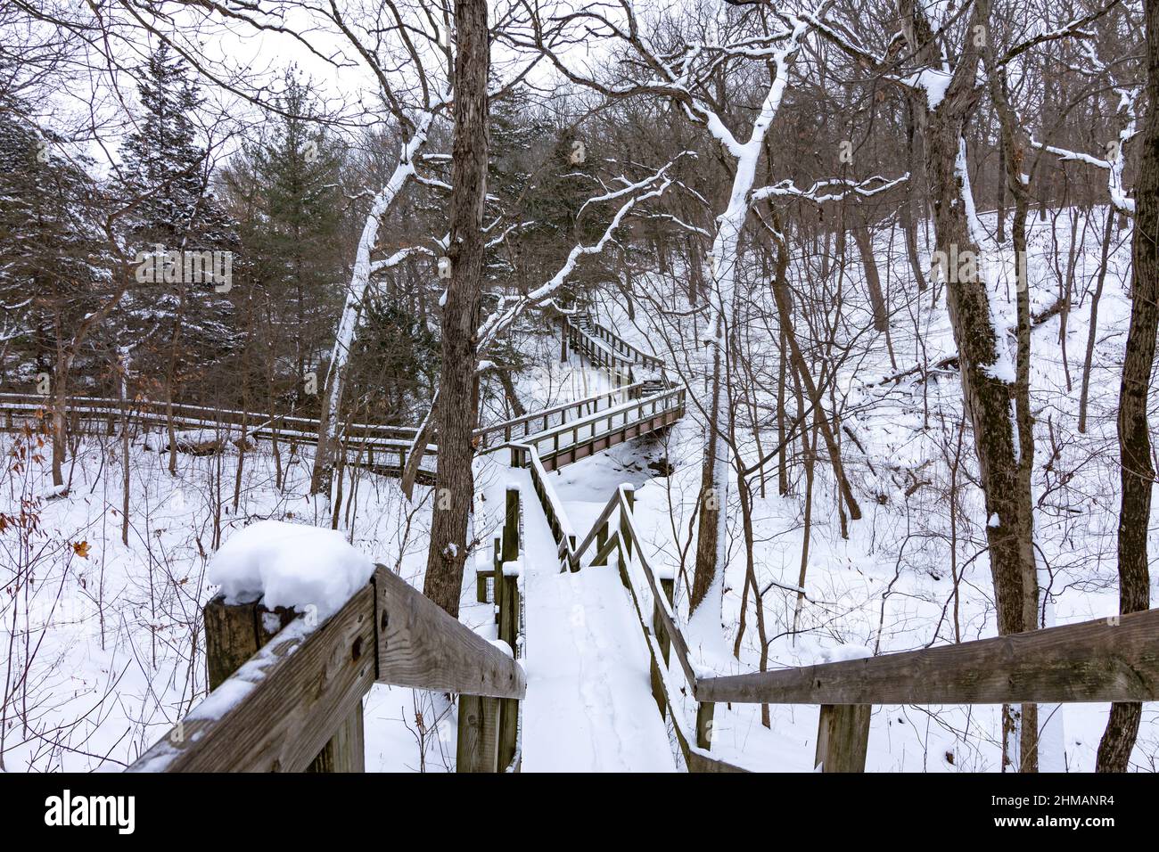 Snow and ice covered trails after a winter storm. Starved Rock state ...