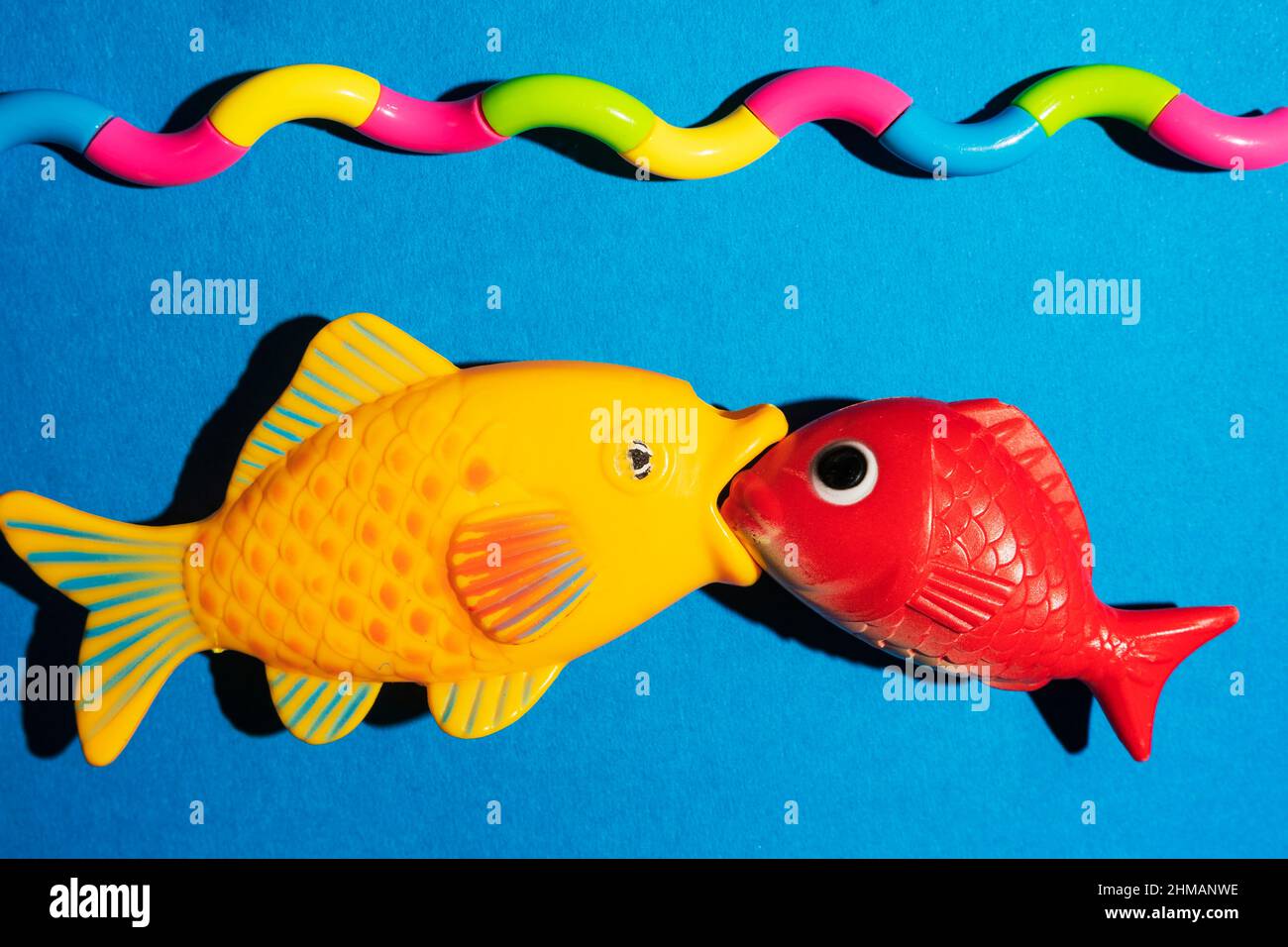 A creative composition of two fish biting each other and a stylized sea ...