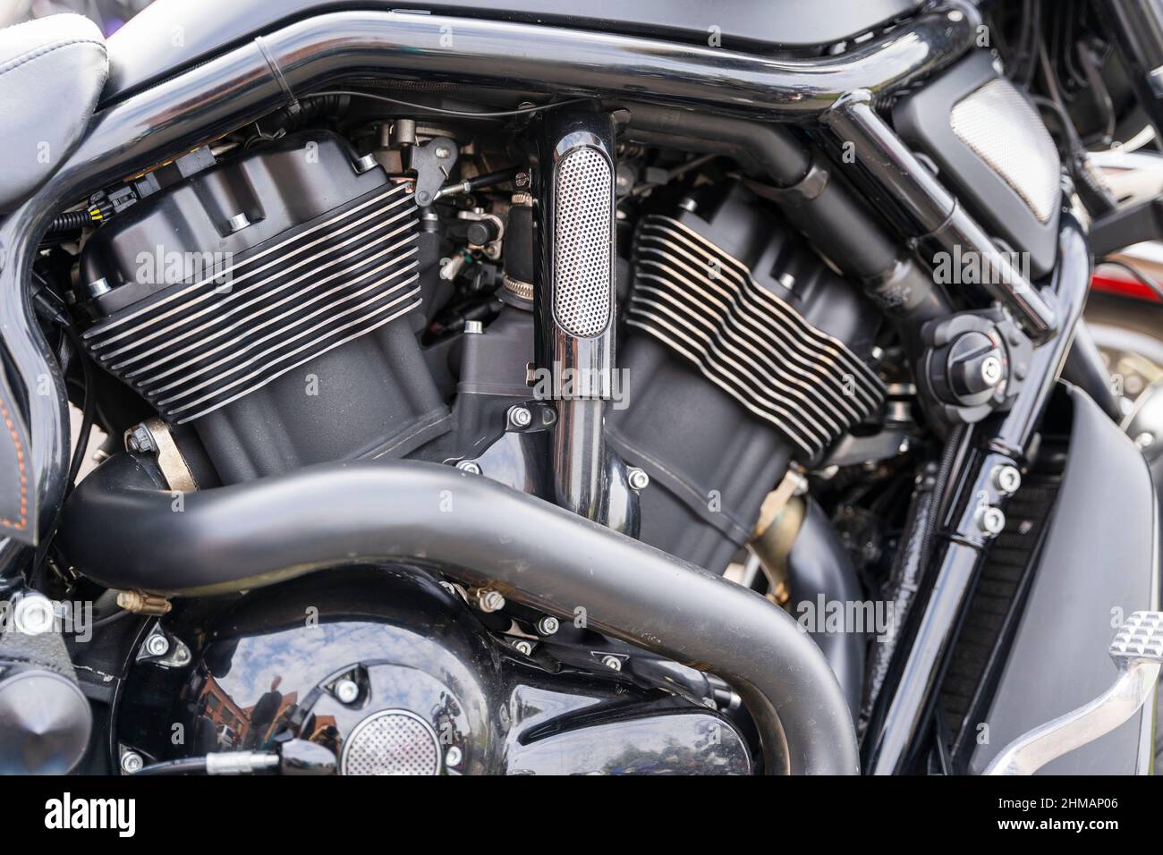 V-shaped motorcycle engine, Shiny chrome plated powerful V-shaped ...