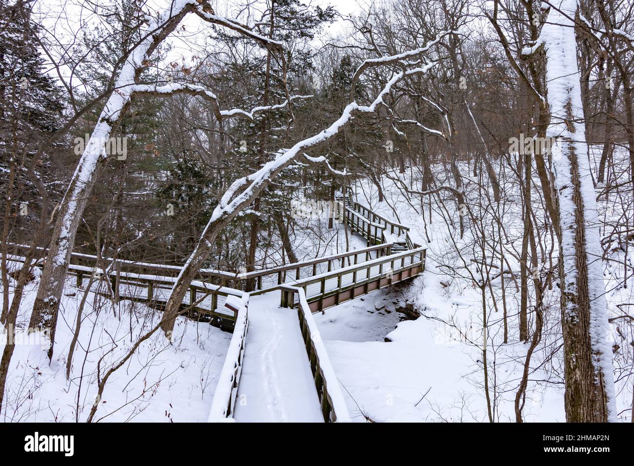 Snow and ice covered trails after a winter storm. Starved Rock state ...