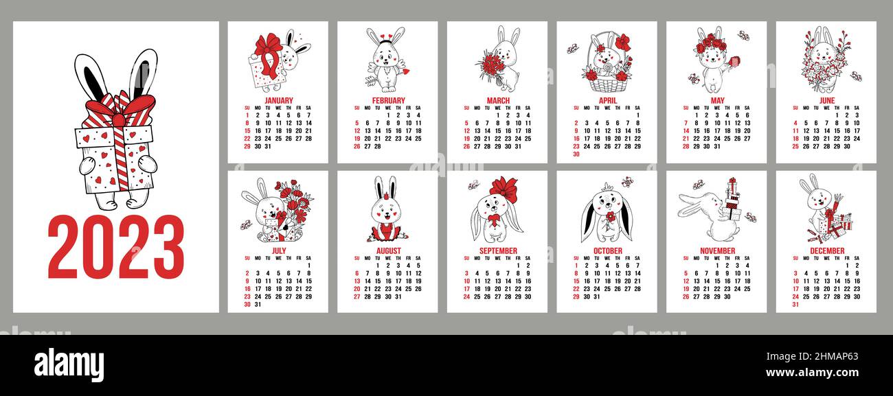 Calendar template for 2023 with cute rabbits with gifts. Vertical set ...