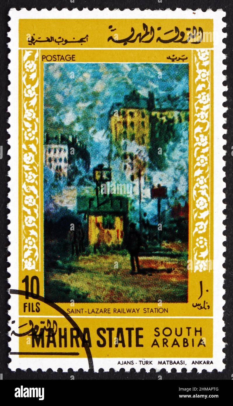 MAHRA STATE - CIRCA 1968: a stamp printed in Mahra state shows Saint ...