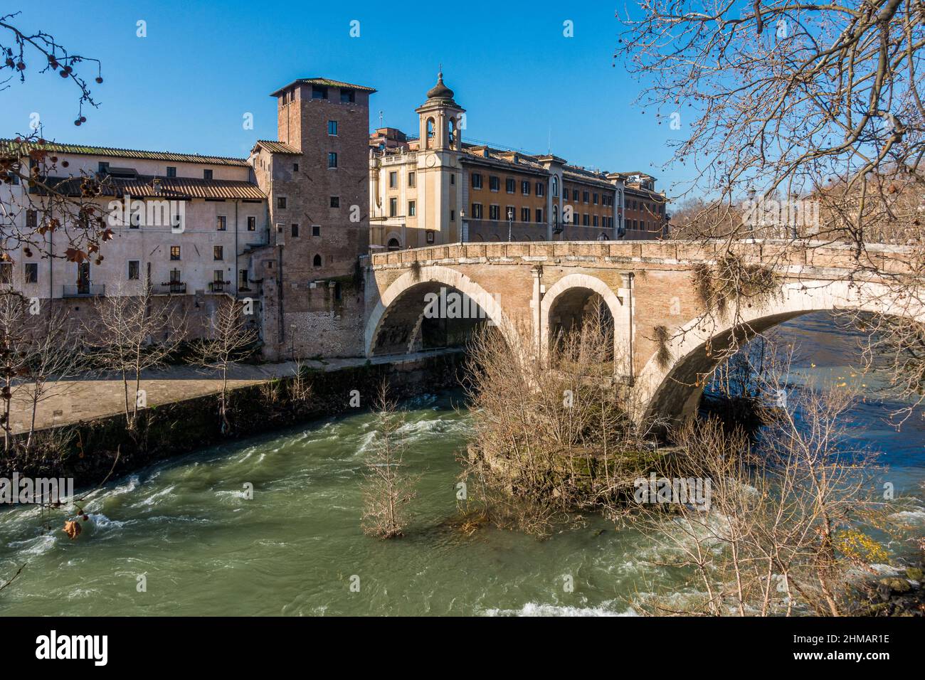 Tiber Island and Fabricio's Bridge as seen from the riverside, Rome ...