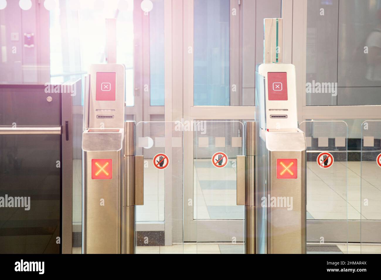 Red Cross the passage is closed sign Empty gateway terminal area in ...