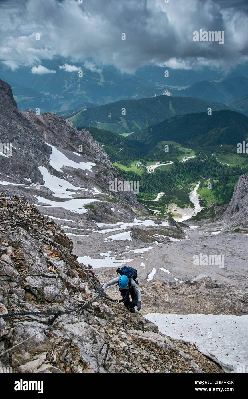 Climbing via ferrata trail in Dachstein mountain range, Austria Stock ...