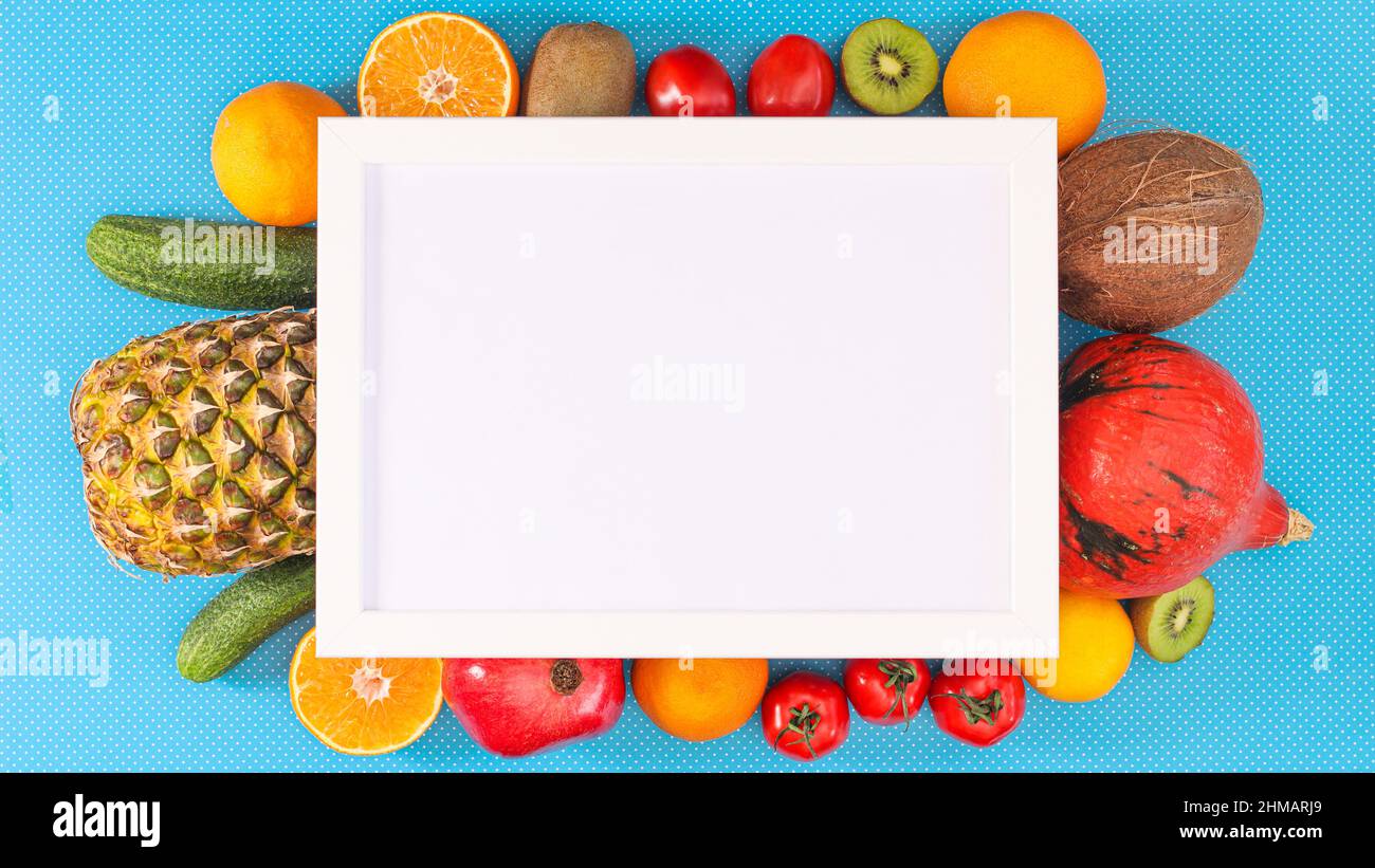 Fresh ripe fruits and vegetables composition around paper card note on ...