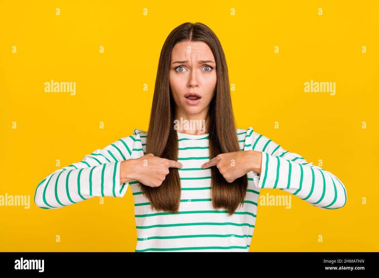 Photo of unhappy upset lady dressed striped shirt pointing fingers ...