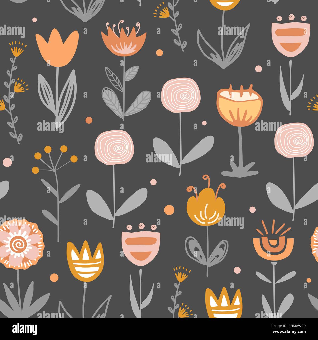 Fairy flower field on dark, seamless vector pattern. Scandinavian folk ...