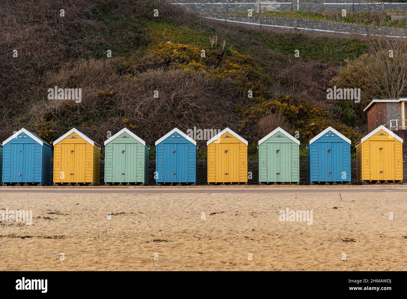 The colourful cabins on the Bournemouth beach Stock Photo - Alamy