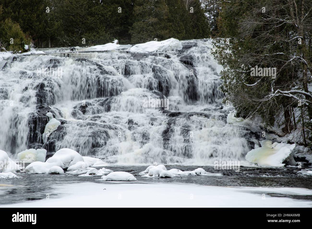 Winter photograph of Bond Falls, a step falls on the Middle Branch of ...
