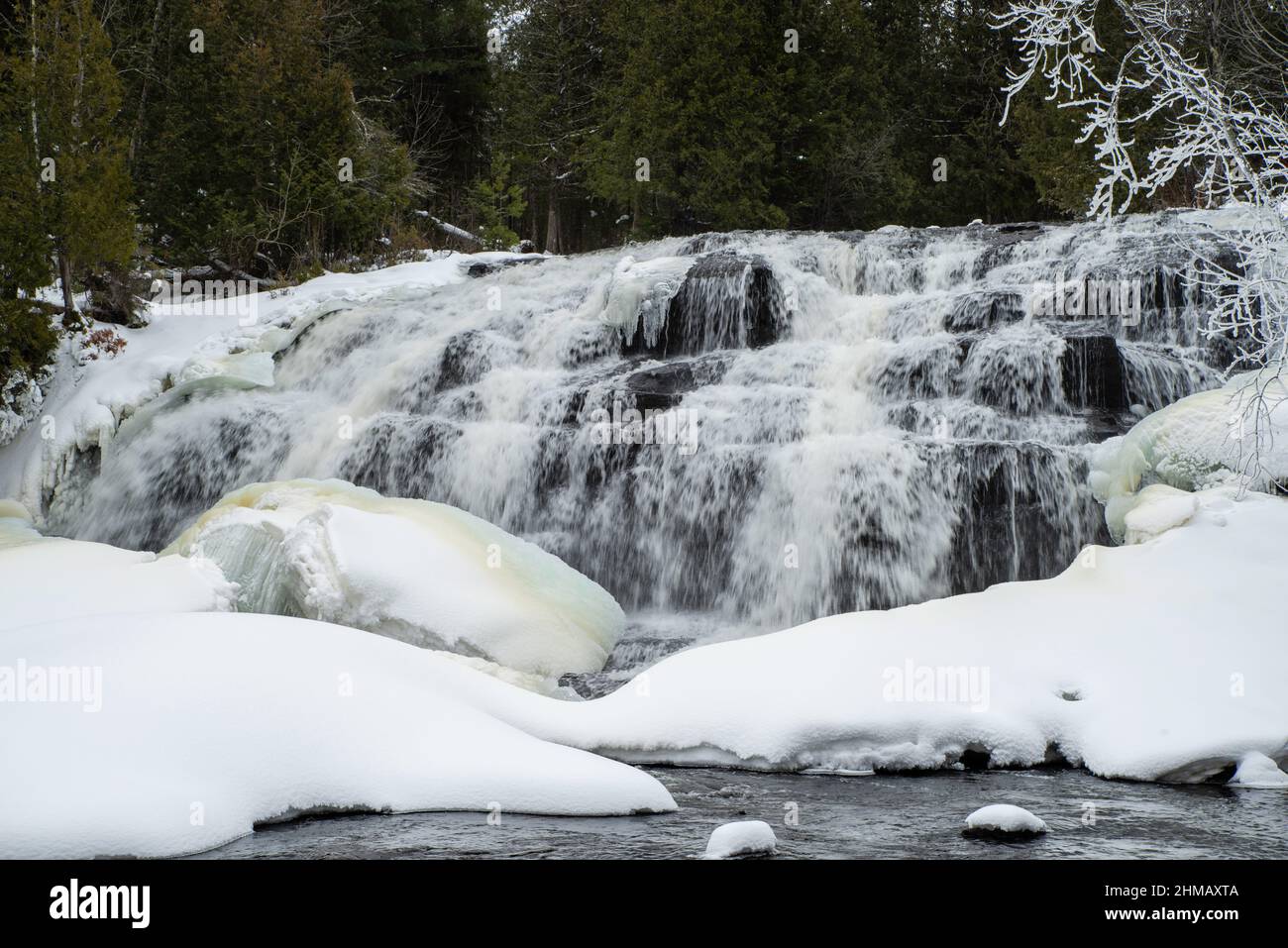 Winter photograph of Bond Falls, a step falls on the Middle Branch of ...